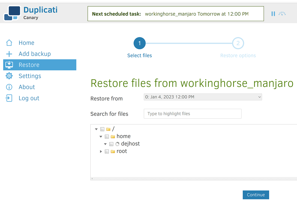 Restoring files: delays and empty warnings - Duplicati
