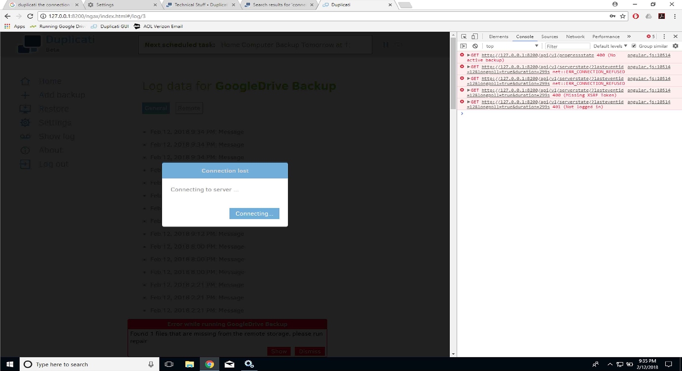 Connection to server lost. How to fix? - Support - Duplicati