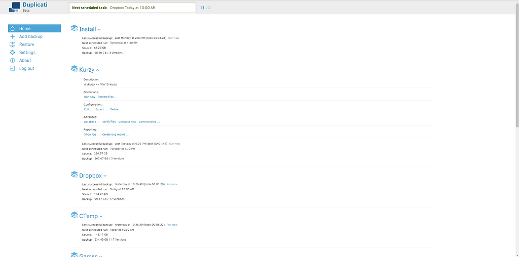 Large screen UI - Features - Duplicati
