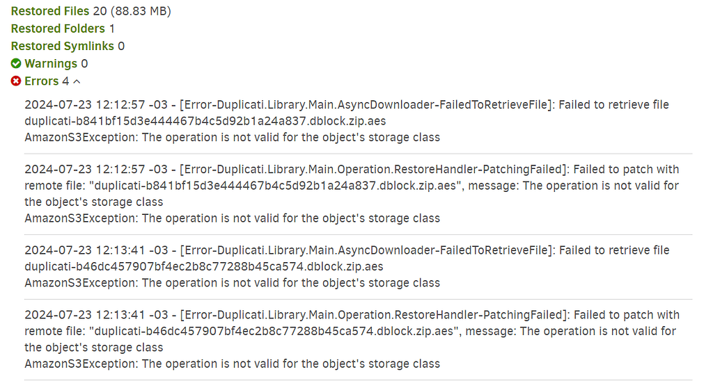 S3 - Glacier backup failed to restore but restored files anyway - Support - Duplicati
