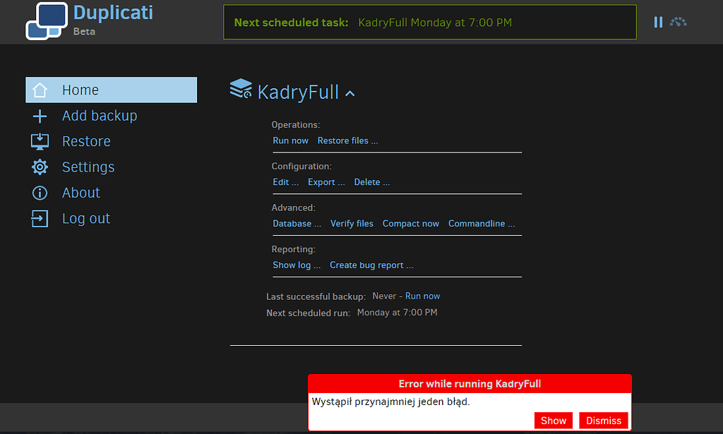 Backup failed....with no error? - Support - Duplicati