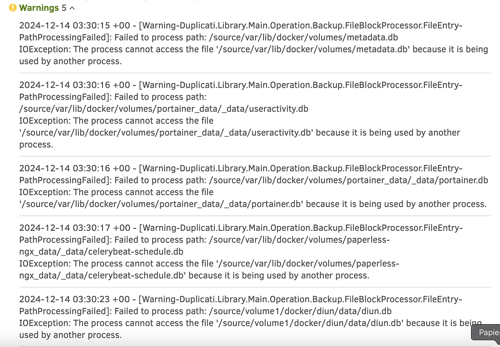 Suddenly getting warnings (IOException) because .db files being used by another process ...