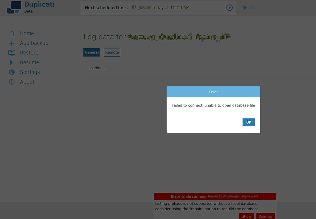 Unable to restore AppData local database - Support - Duplicati